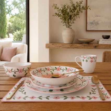 Lot de 6 assiettes plates 27cm en porcelaine blanc et rose floral ...