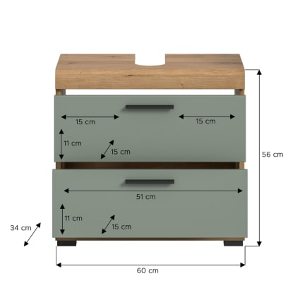 Mobile sottolavabo con 2 cassetti, effetto rovere e salvia l60 cm Gio ...