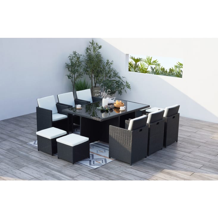 Table et chaises 10 places encastrables résine noir/blanc Monaco ...