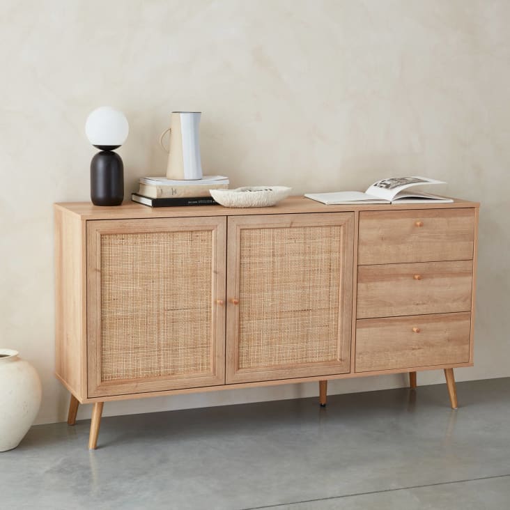 Skandinavisches Sideboard Holzeffekt mit Rattangeflecht 2 Turen 150 Boheme Maisons du Monde