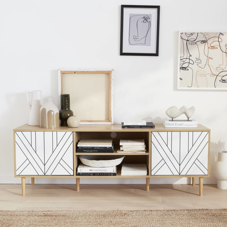 TV-Möbel in Naturholzeffekt - 2 Schubladen - 2 Ebenen - 2 Türen L 160 ...