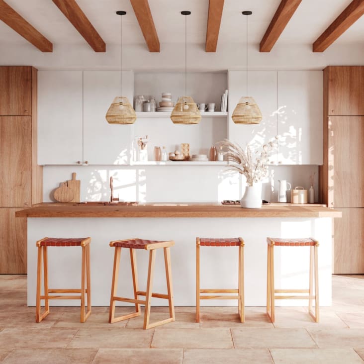 Sedia per isola centrale in teak e pelle intrecciata marrone 65 cm Yuma ...