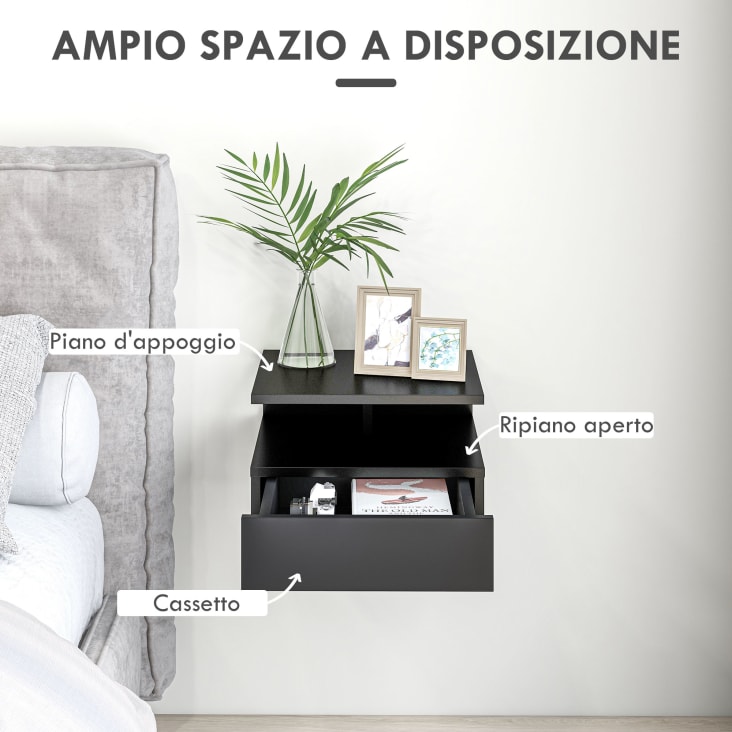 Set da 2 comodini moderni sospesi con cassetto e mensola nero | Maisons ...