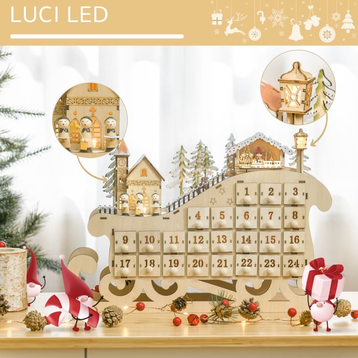 Calendario dell'avvento in legno 24 cassetti e luci 45x10x31cm Homcom ...