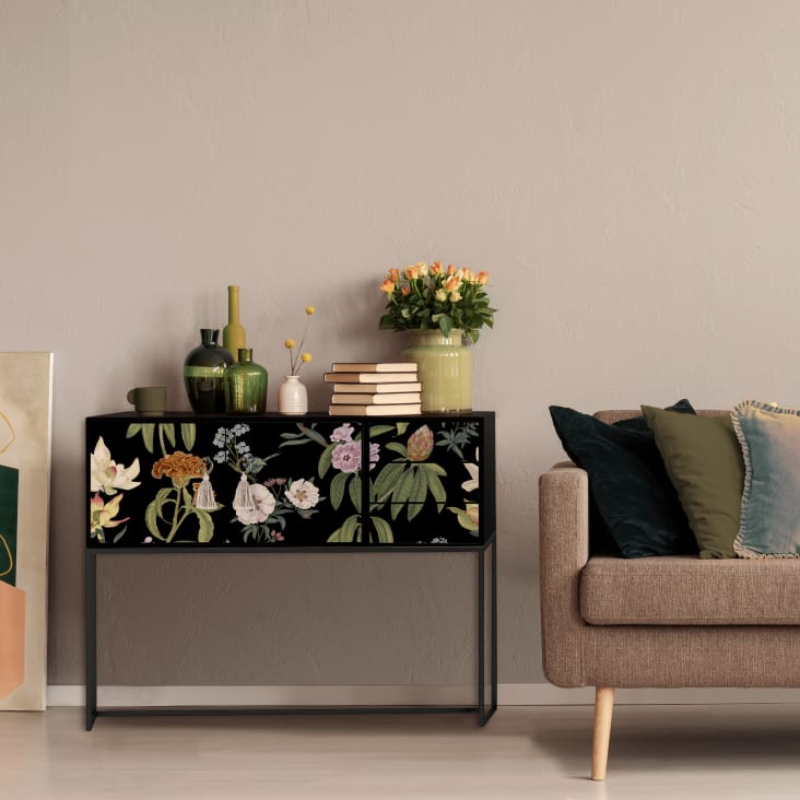 Consola mdf lacado 2 puertas 3cajones estampado floral negro JARA ...