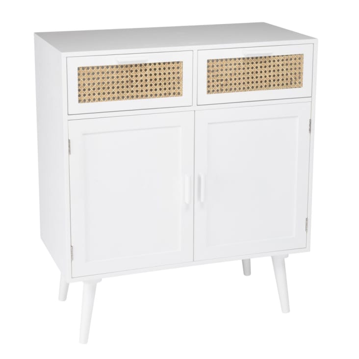 Weißes Sideboard mit 2 Türen, 2 Schubladen, natürliches Rohrgeflecht ...