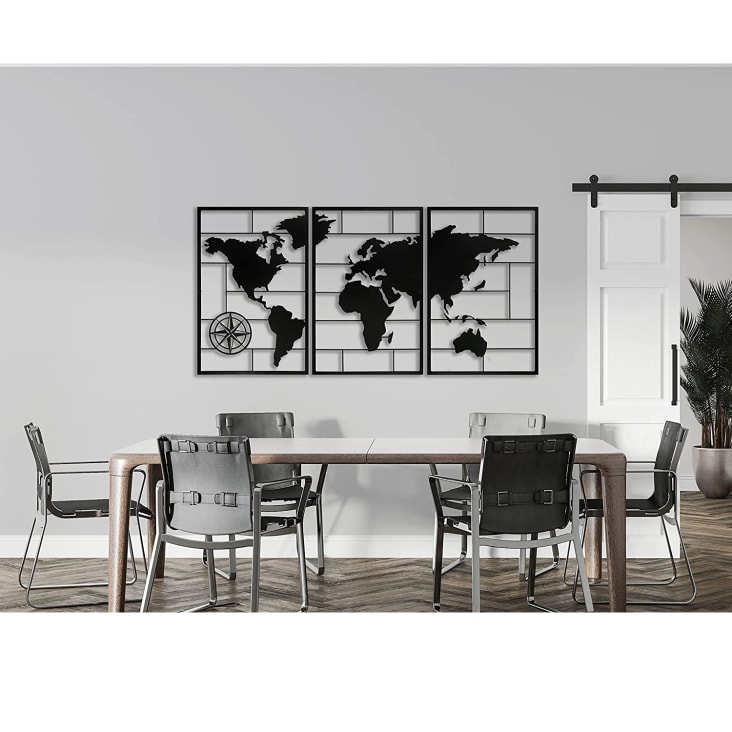 Wanddekoration Triptychon Weltkarte aus Metall,120x60 cm, schwarz | Maisons du Monde