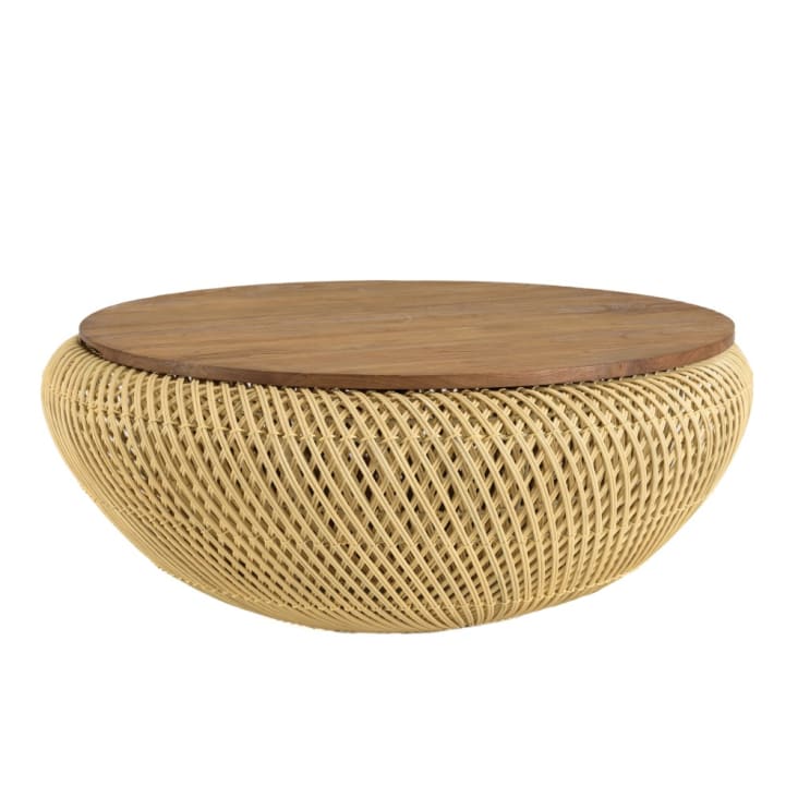 Table basse ronde en rotin beige plateau amovible D81 ALIDA | Maisons ...