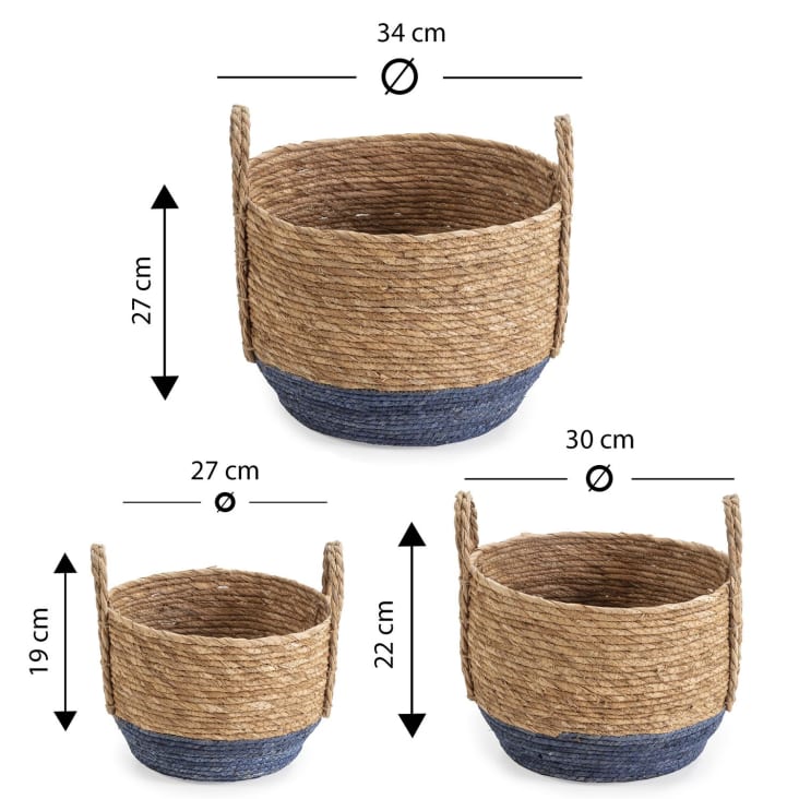 Set de 3 paniers fibre naturelle, bleu/naturel IRIA | Maisons du Monde