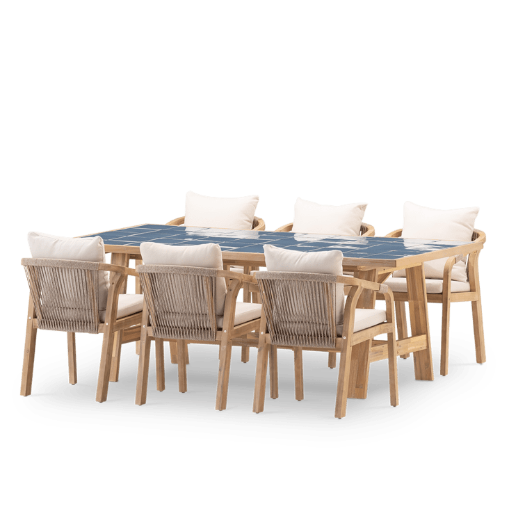 Set de mesa de madera y cerámica azul y 6 sillas Bisbal & siena ...