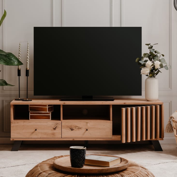 Meuble TV avec décoration artisanale en chêne - L138 cm Lublin ...