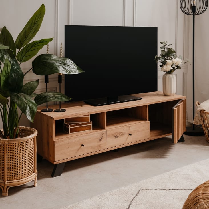 Meuble TV avec décoration artisanale en chêne - L138 cm Lublin ...