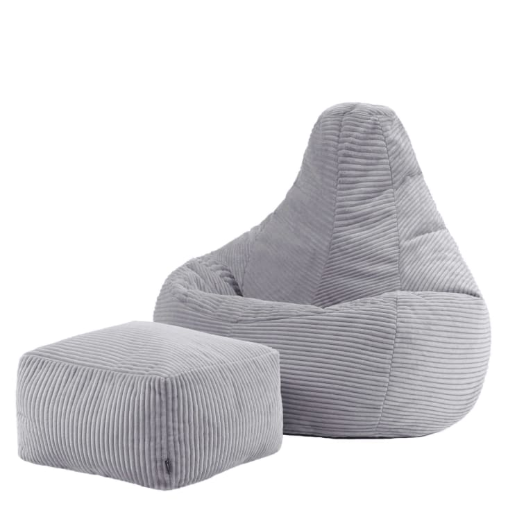 Pouf inclinable avec repose-pied velours côtelé gris clair DALTON | Maisons du Monde
