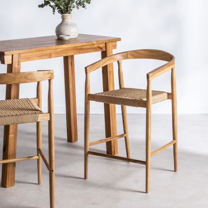 Lot de 2 fauteuils de bar en teck et corde tressé H65cm - Bois clair Buri | Maisons du Monde