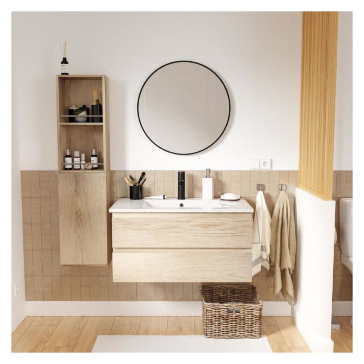 Meuble simple vasque 80cm décor chêne +robinet noir+miroir+colonne ...