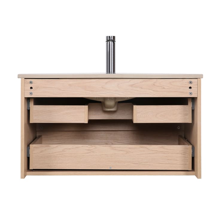 Meuble simple vasque 80cm décor chêne +robinet noir+miroir+colonne ...