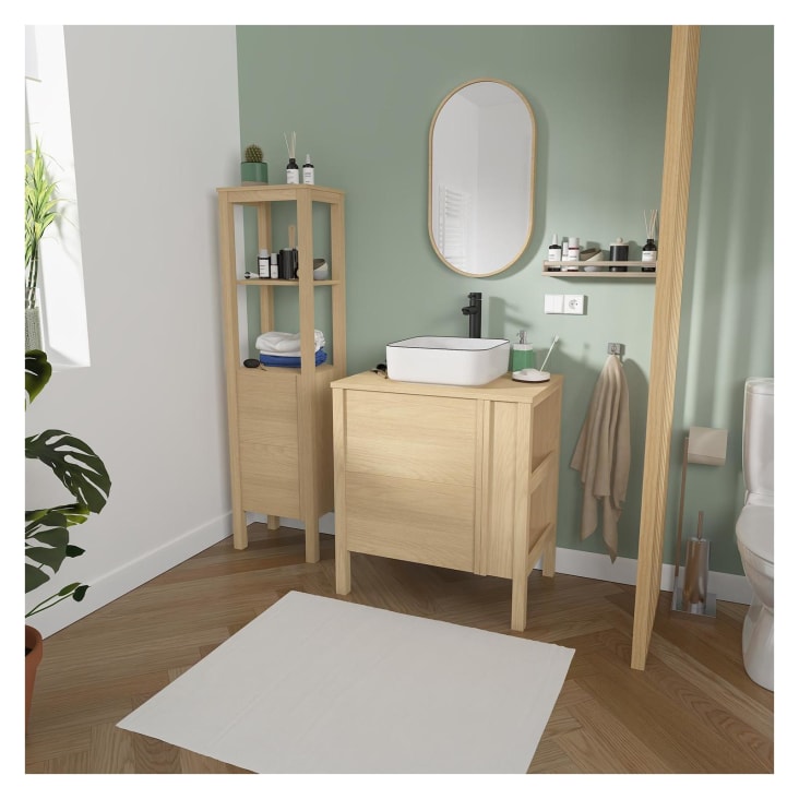 Meuble simple vasque 70cm chêne + vasque + robinet + miroir + colonne ...