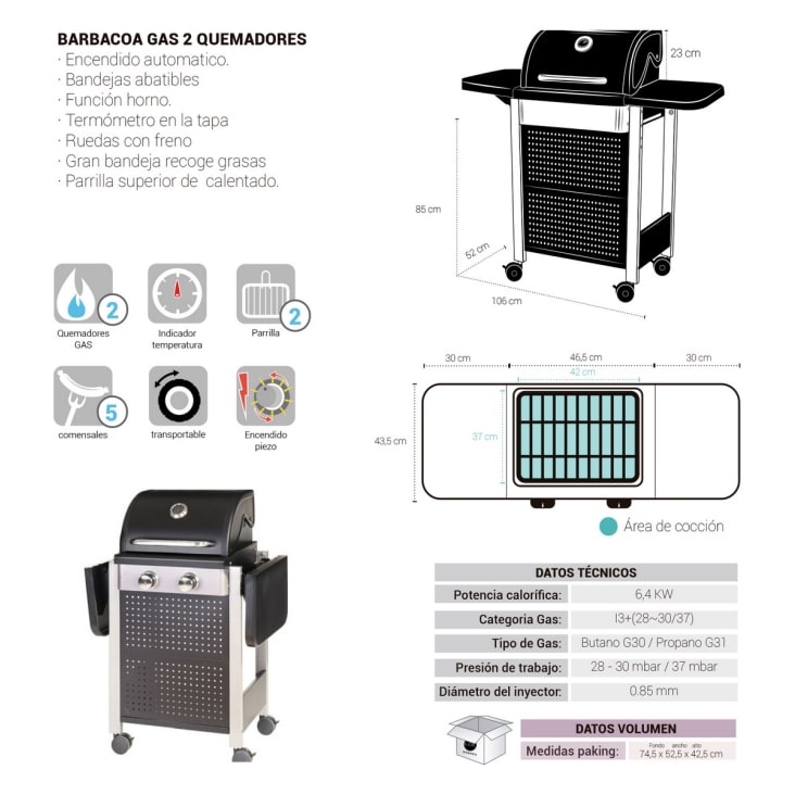 Barbacoa de gas Birgitt con 2 quemadores de acero negra | Maisons du Monde