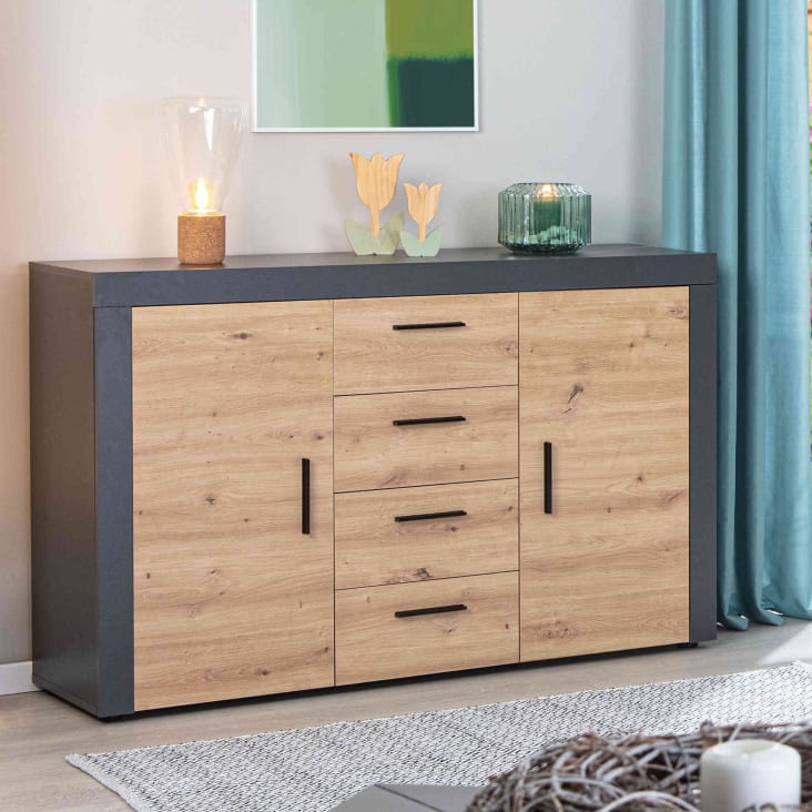 Commode 2 portes 4 tiroirs effet bois, imitation chêne et anthracite ...