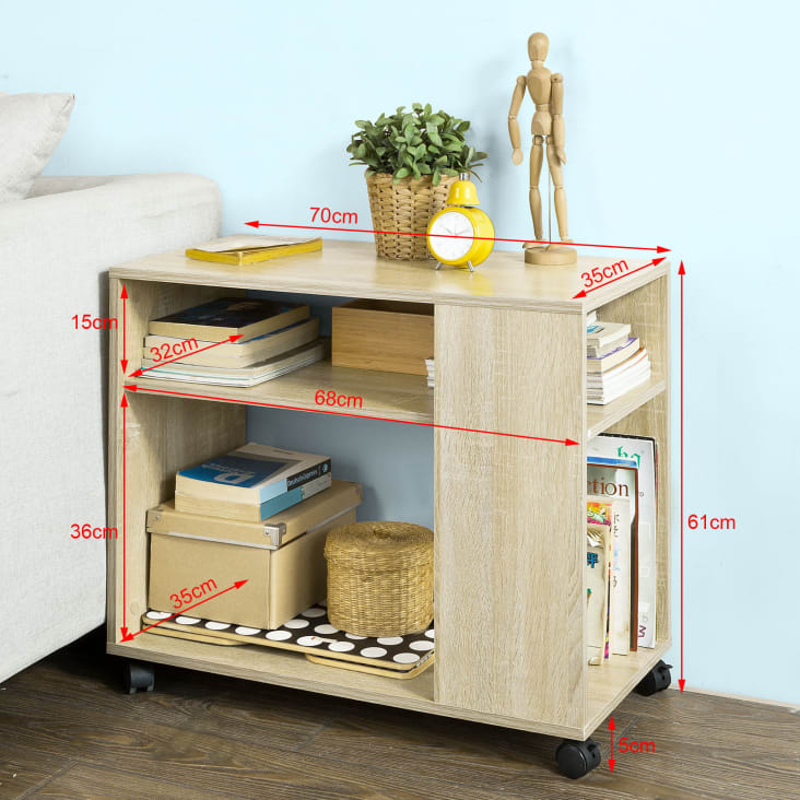 Mesa auxiliares de salón con ruedas y 2 estantes madera color natural ...