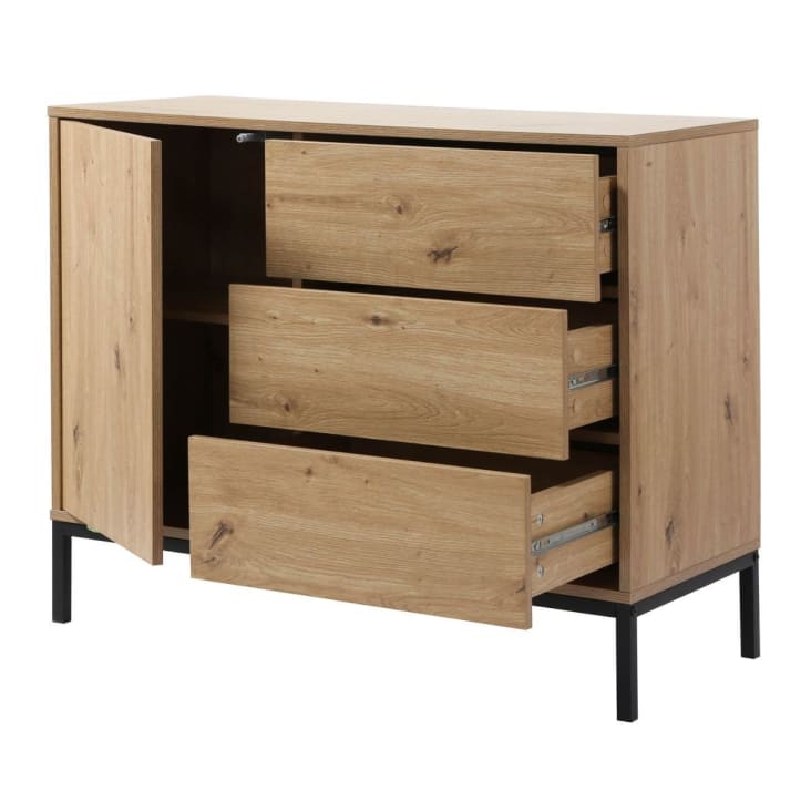 Commode 3 tiroirs 1 porte décor chêne - L90 x H80 cm Lenny | Maisons du ...