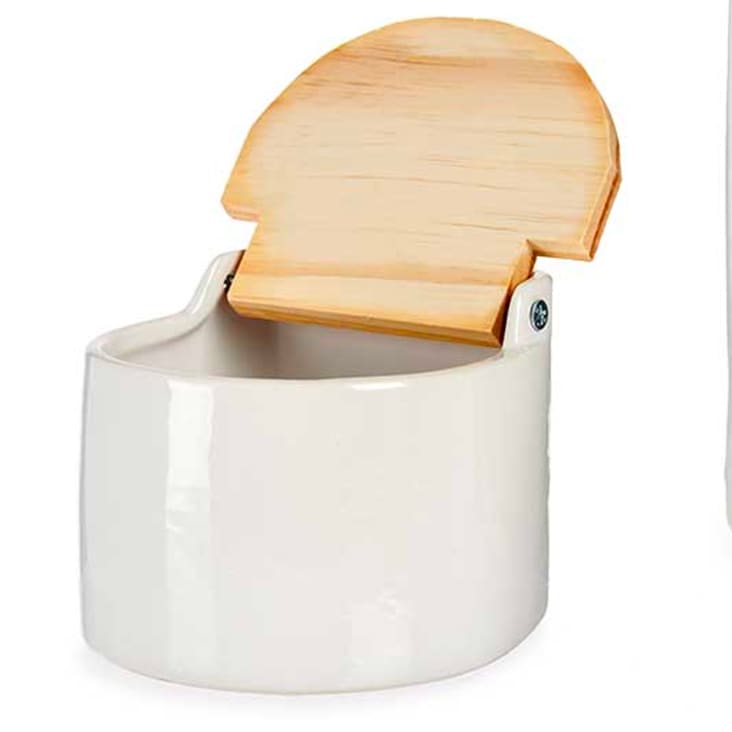 Pot à sel en céramique blanc et couvercle bambou 11x11x9cm | Maisons du ...