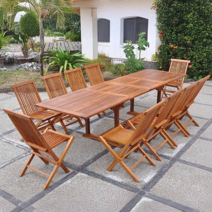 Conjunto de jardín de teca aceitada para 10 personas, mesa rectangular Lubok | Maisons du Monde