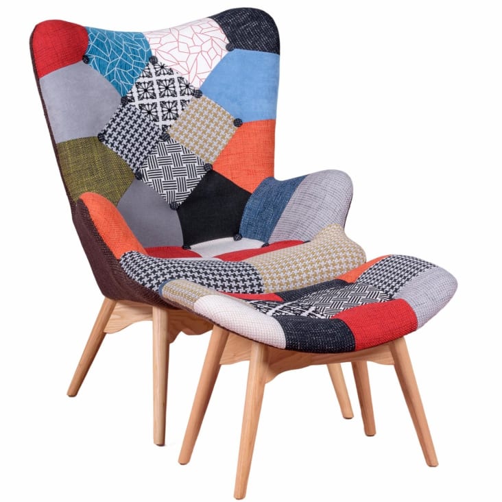 Sillón clásico con reposapiés tapizado, patchwork FEATHERSTON | Maisons du Monde