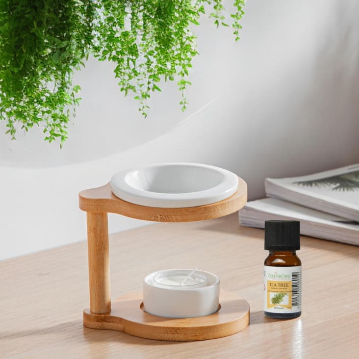 Brûle parfum ronda en bambou et céramique blanche - H8,5cm Simplicity | Maisons du Monde