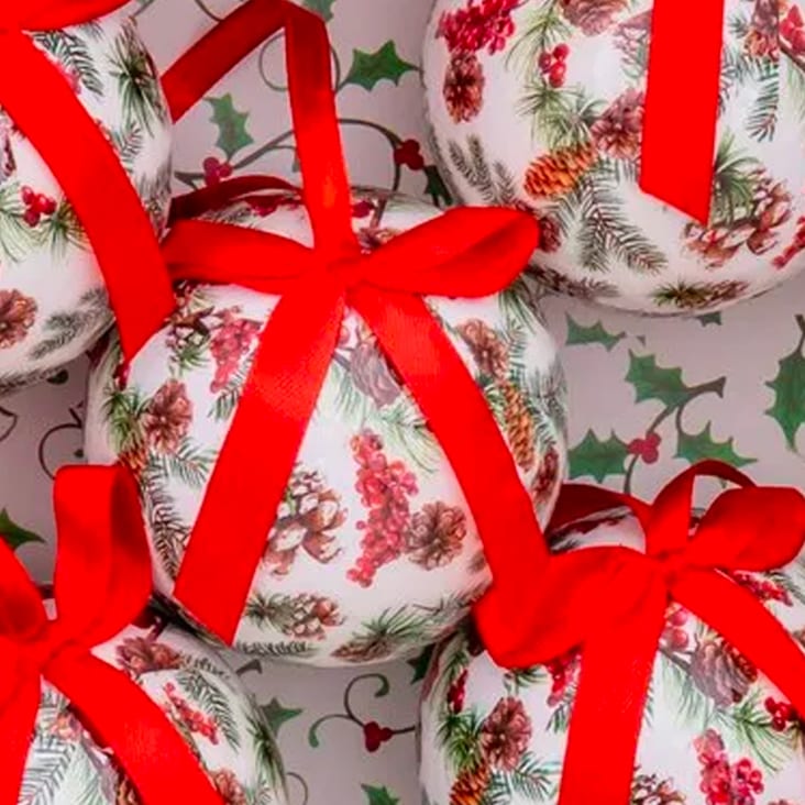 Coffret de 5 boules de Noël rétro houx - 7.5cm | Maisons du Monde