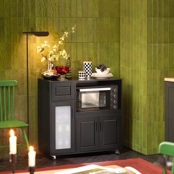 Sideboard auf Rollen mit Mikrowellenregal und Türen Holz Schwarz ...