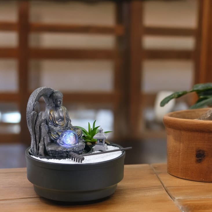 Fontaine d'intérieur jardin zen résine grise avec boule verre - H21cm ...