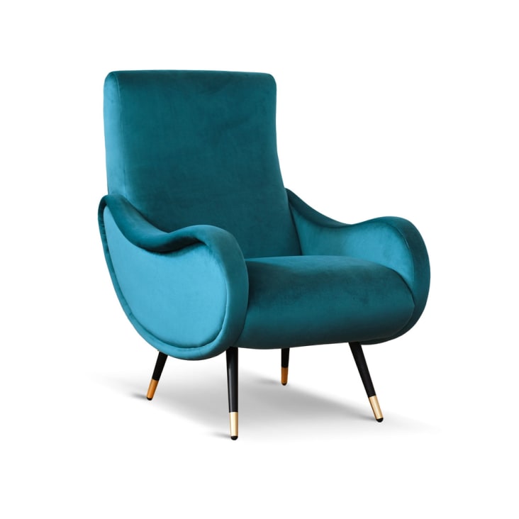 Poltrona design vintage in velluto blu petrolio e gambe nere ottone ...