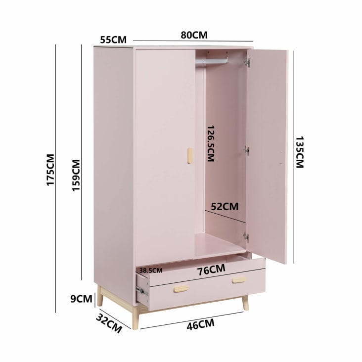 Armadio per bambini con 2 ante e 1 cassetto in MDF rosa | Maisons du Monde