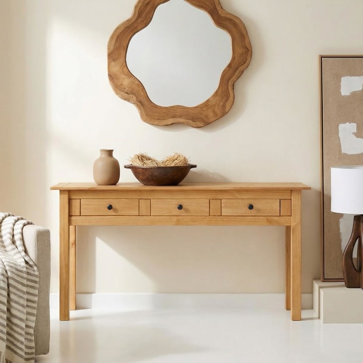 Table console 3 tiroirs en bois massif, coloris naturel Cancun ...