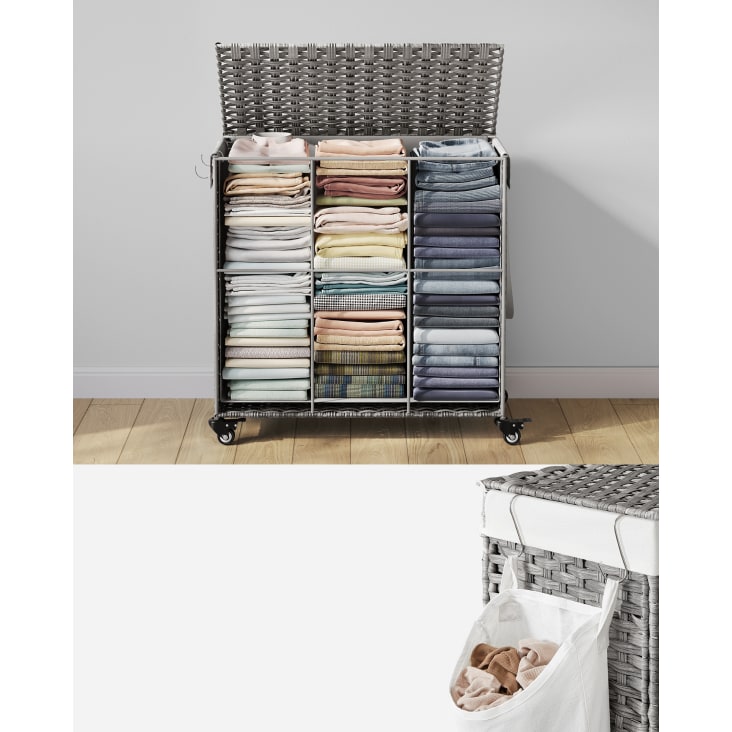 Panier à linge 3 compartiments 140L imitation de rotin de PP gris ...