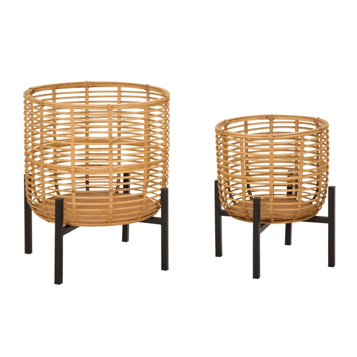 Lot de 2 Cache-pots en rotin et métal marron et noir Ø 41x47-33x39 cm ...