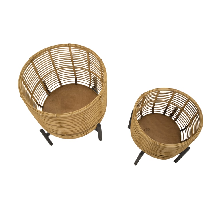 Lot de 2 Cache-pots en rotin et métal marron et noir Ø 41x47-33x39 cm ...