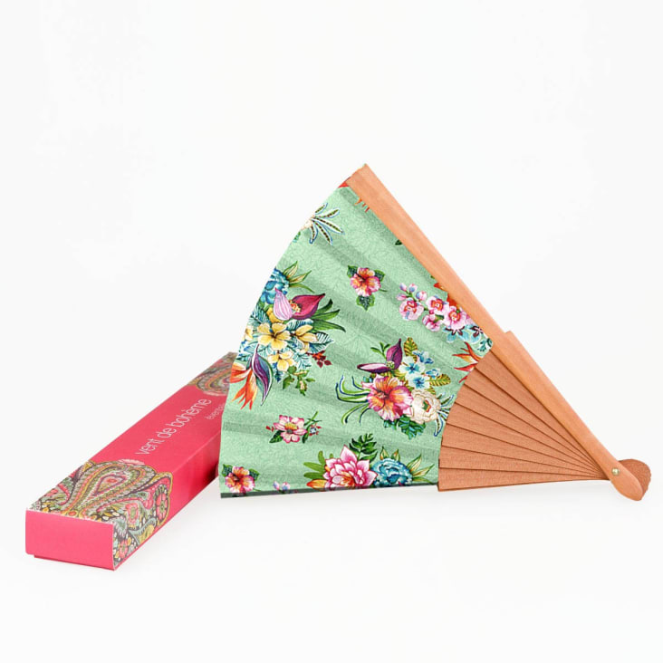 Abanico en madera y algodón con estampado de flores azul Taïna ...