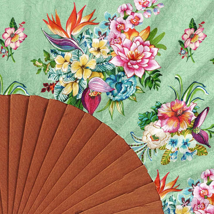 Abanico en madera y algodón con estampado de flores azul Taïna ...