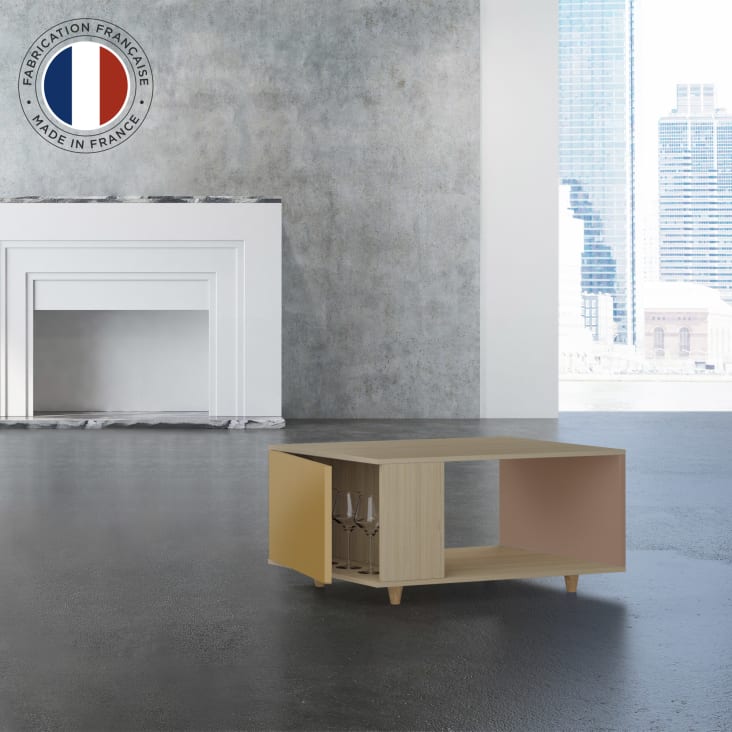 Table basse bois effet chêne clair, 1 porte, 2 couleurs L90 x l60cm ...