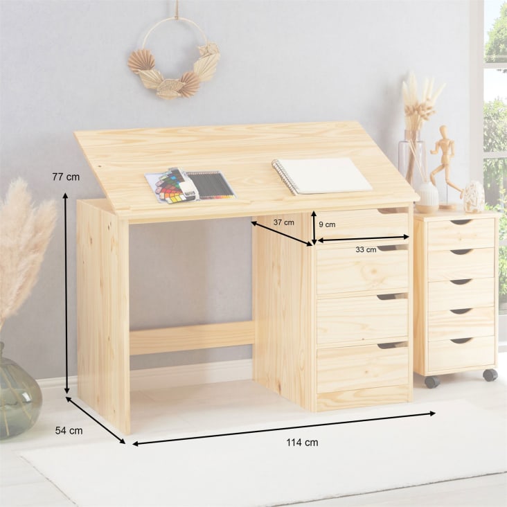 Bureau enfant avec plateau inclinable en bois massif, coloris naturel ...