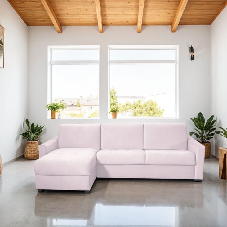 Canapé d'angle convertible express 5 places en velours rose pâle Paloma ...