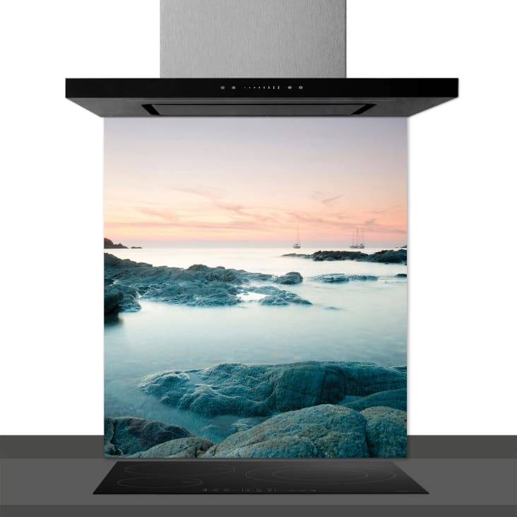 Fond de hotte decorative, mer au coucher du soleil bleu 60x70 cm ...