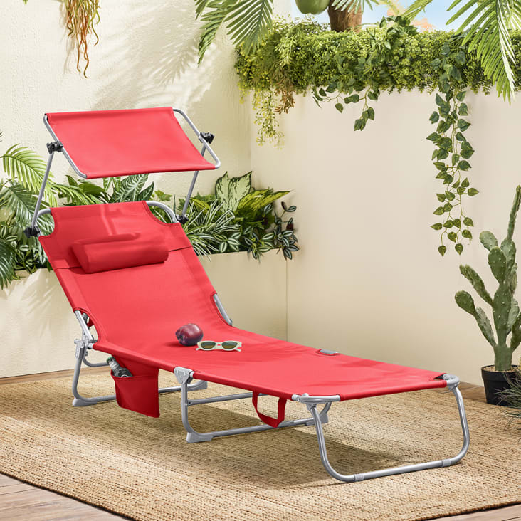 Gartenliege mit Kopfkissen und Sonnendach aus Metall Klappbar Rot | Maisons du Monde