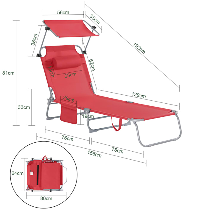Gartenliege mit Kopfkissen und Sonnendach aus Metall Klappbar Rot | Maisons du Monde