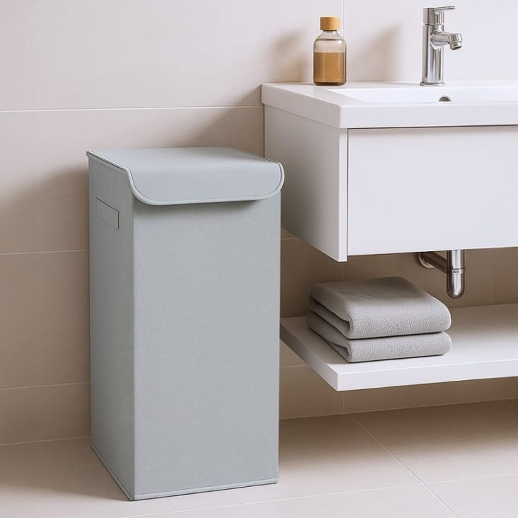 Cesto de ropa de tela simple con tapa y asas blancas | Maisons du Monde