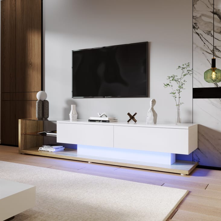 Mueble tv blanco brillo y madera esmaltada e iluminación led variable ...