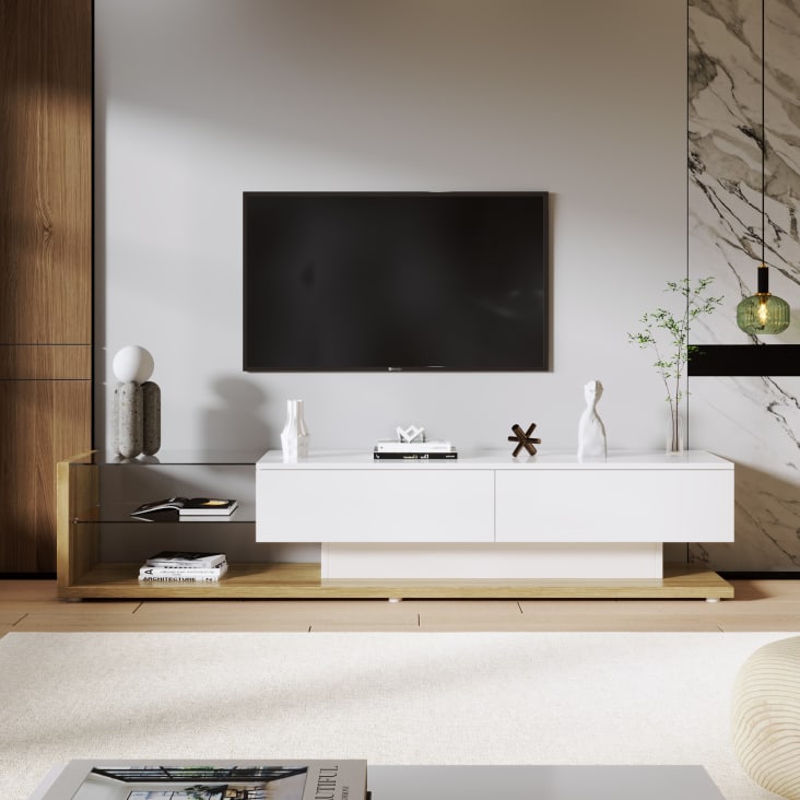 Mueble tv blanco brillo y madera esmaltada e iluminación led variable ...