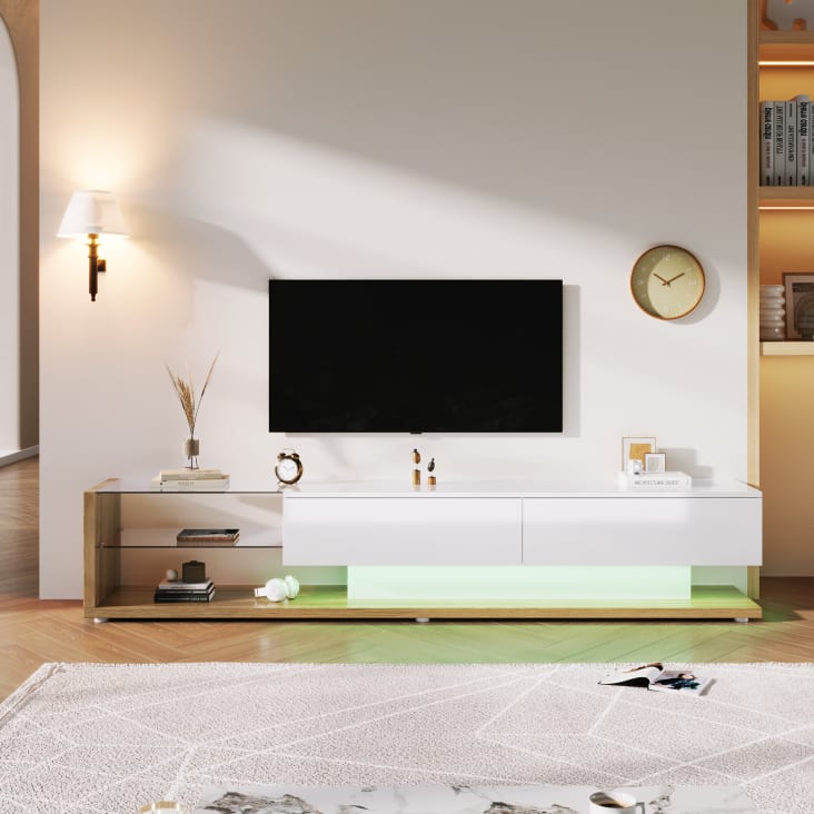 Mueble tv blanco brillo y madera esmaltada e iluminación led variable ...